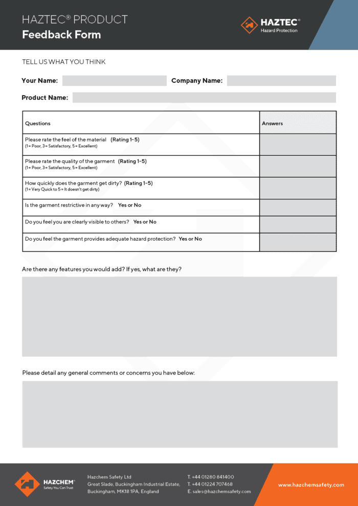 HAZTEC® FR Workwear Feedback Form